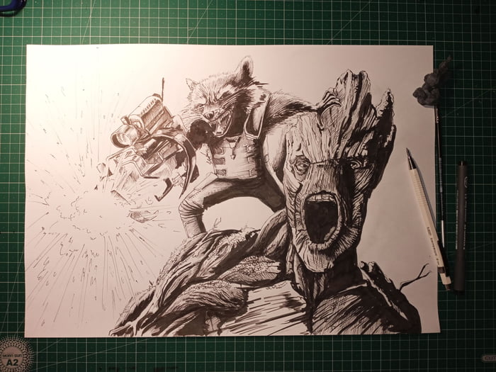 Rocker Racoon and Groot, ink on paper by me. Wdyt? - 9GAG