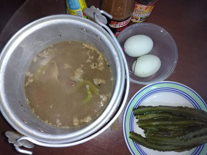Papaitan (beef bile and tripe soup) with steamed winged beans on the ...