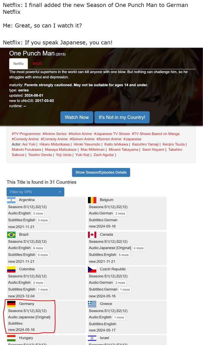 Today, Netflix added the 2nd season of One Punch Man to German Netflix, but gave it neither Sub ...