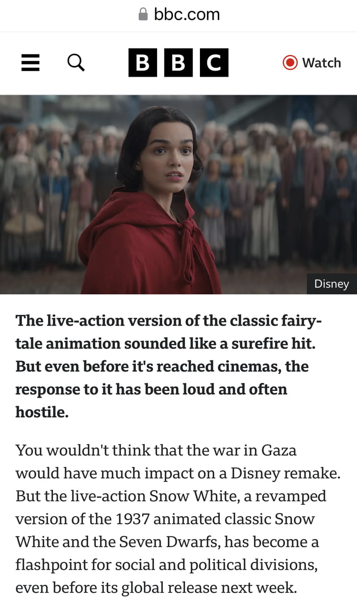 Per BBC, Snow White will fail due to Gaza and not Snow Brown. - 9GAG