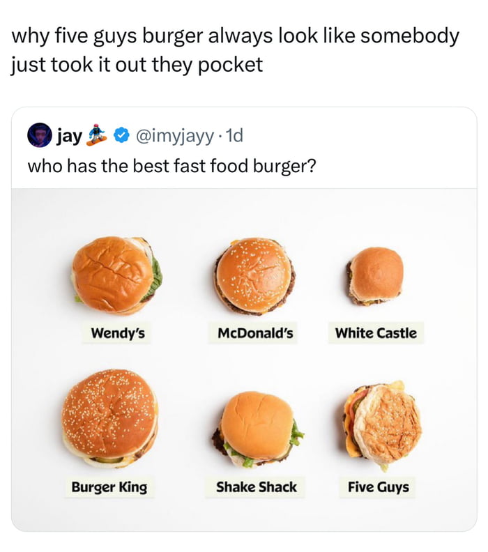 The fast food burger lineup is complete, and Five Guys looks like it just survived a wrestling ...