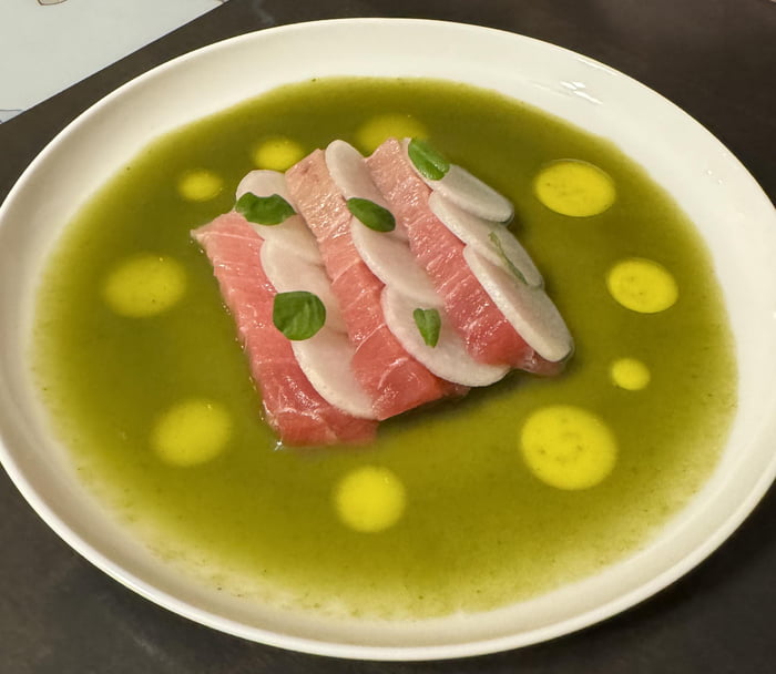 Bluefin Toro and Radish Crudo with a Basil Melon Jus - 9GAG