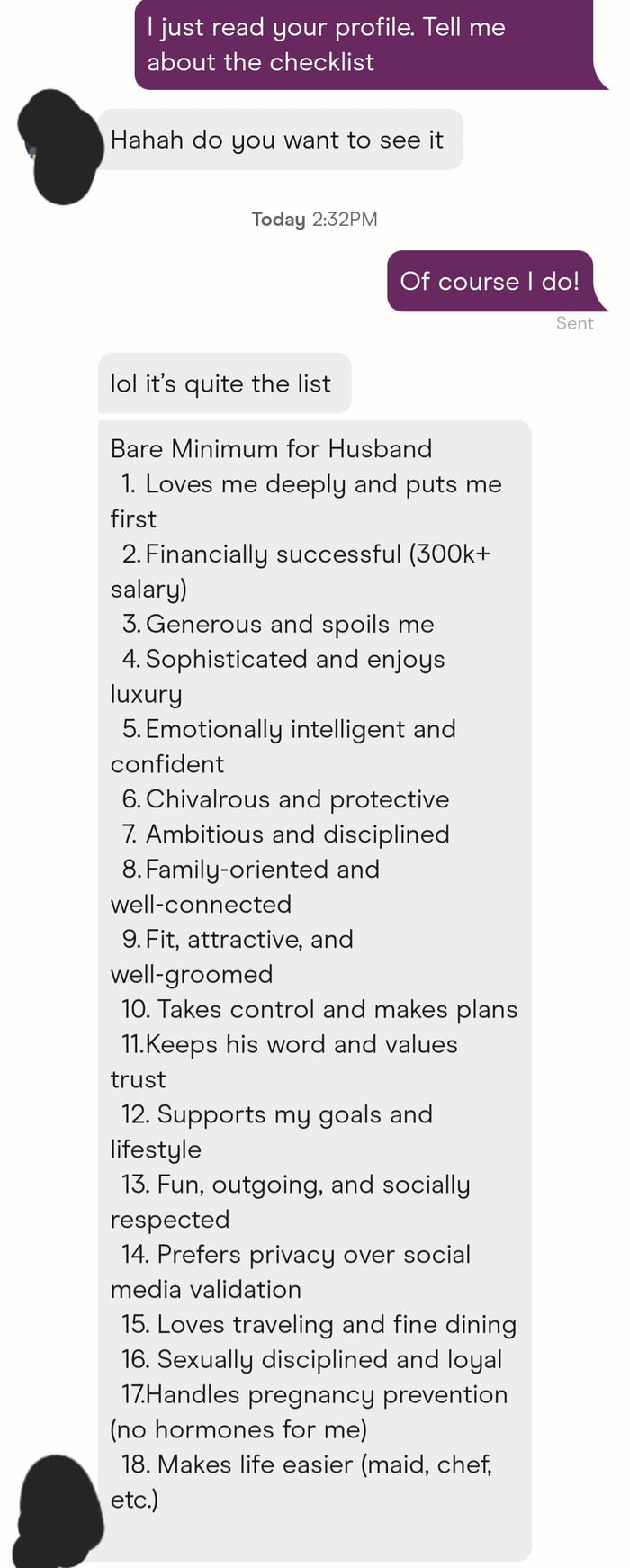 She sent me a list of her requirements. One of them includes a salary of $300k+ - 9GAG