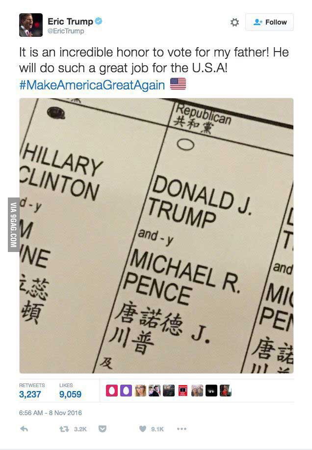 Eric Trump deleted his tweet which accidentally showed that he voted ...