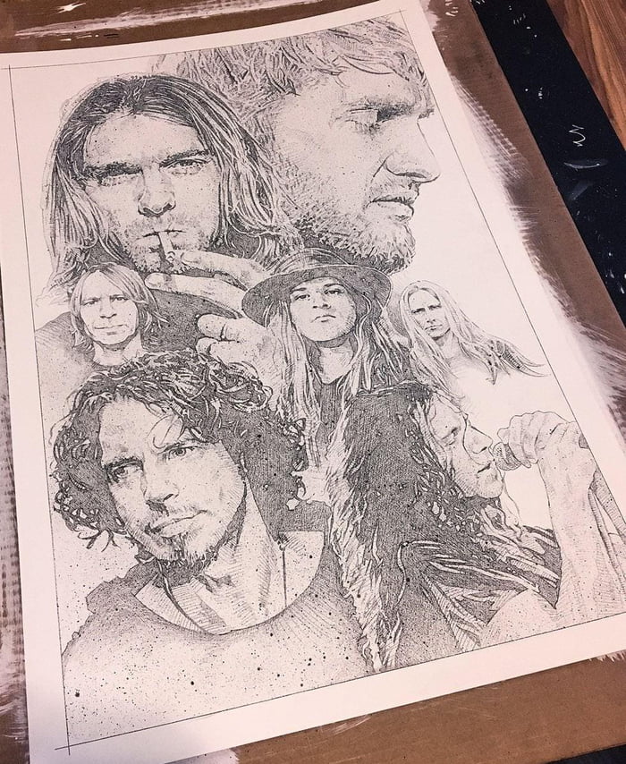 A drawing of some of the most iconic grunge artists of all time - 9GAG
