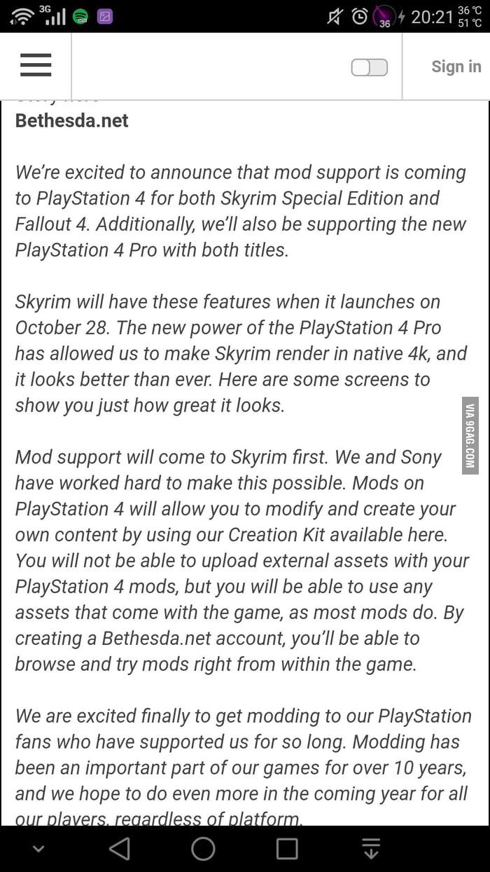 Ps4 is still getting Mod Support for Skyrim - 9GAG