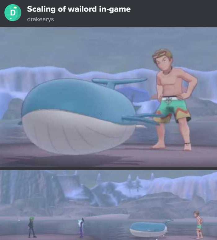 The scaling of Wailord (a gigantic whale Pokemon) in the upcoming Sword ...