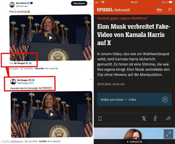 Deutscher Journalismus…Musk teilt ein Video(was offensichtlich eine Parodie ist), verlinkt ist ...
