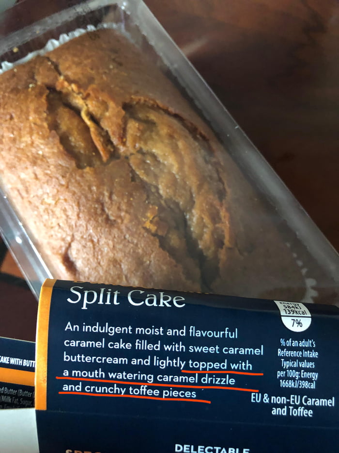 Husband managed to grab the only split cake topped with nothing - 9GAG