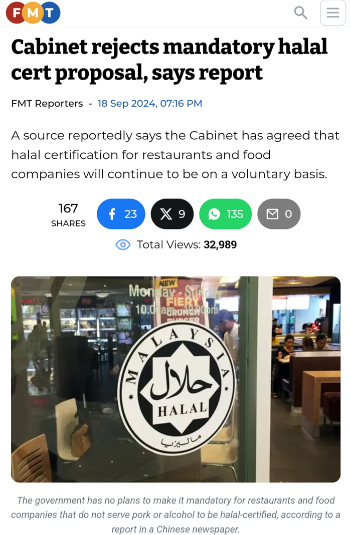 Kabinet tolak cadangan sijil halal mandatori, kata laporan - 9GAG