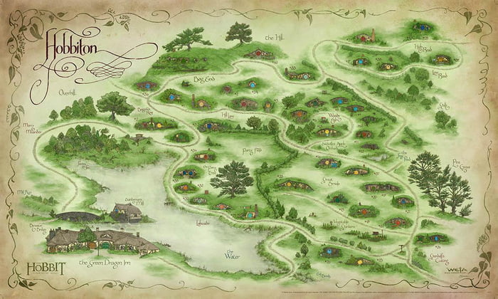 Map of the Hobbiton, showing the names of streets and individual Hobbit ...