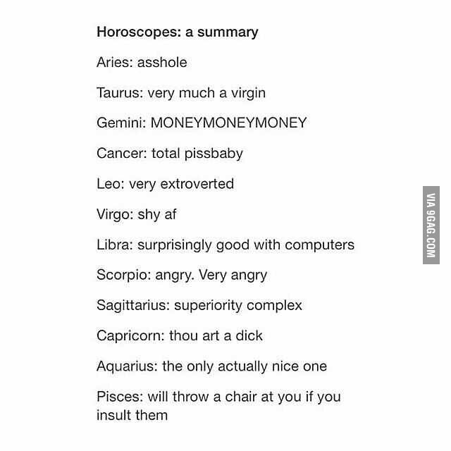 The zodiac in a nutshell. (Pisces here) - 9GAG
