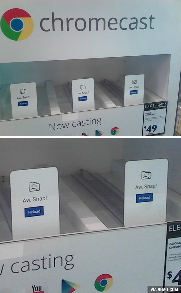 The chromecast stand displays "Aw, snap!" when out of stock - 9GAG