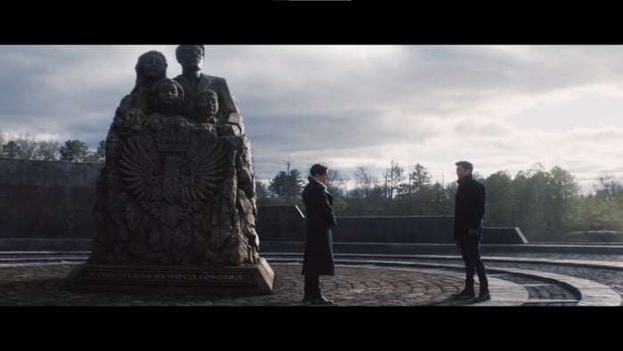 Apparently Serbian language is used for Sokovia. Title on the monument ...