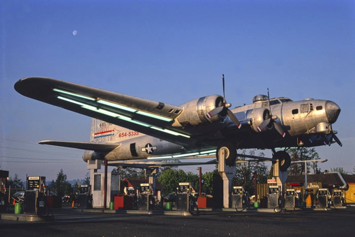 “The Bomber” gas station in Portland, OR, with a real B-17 as the roof ...