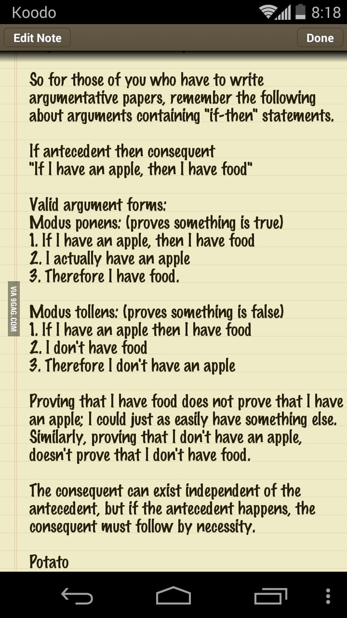 Logic Basics for essay writers: Modus Ponens and Modus Tollens - 9GAG