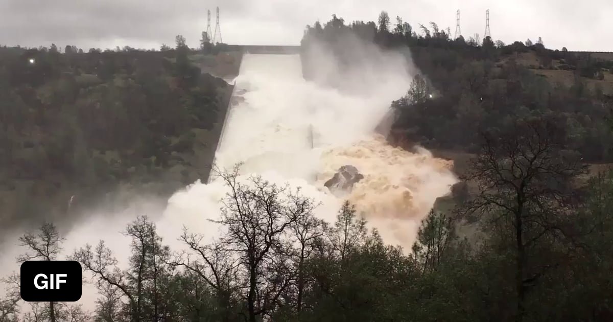 The Oroville Dam emergency spillway in Northern California undergoing structural failure ...