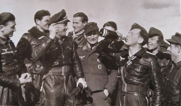 Lieutenant Hugo Broch drinking wine after being awarded the Knight's ...
