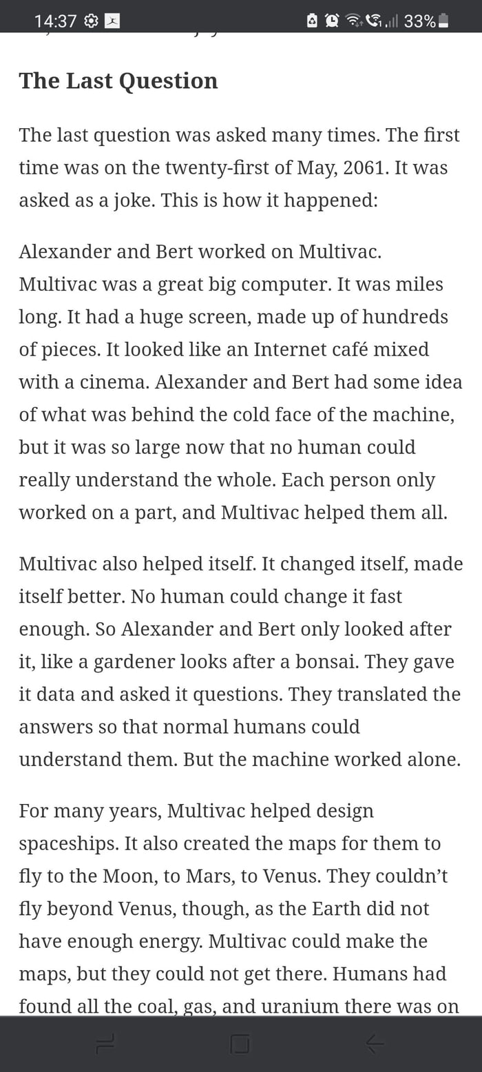 Asimov - The last question One of, if not THE best short story ever ...