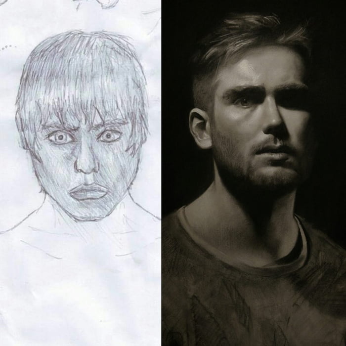 Two self portraits I drew from a mirror 10 years apart, aged 13 and 23 ...