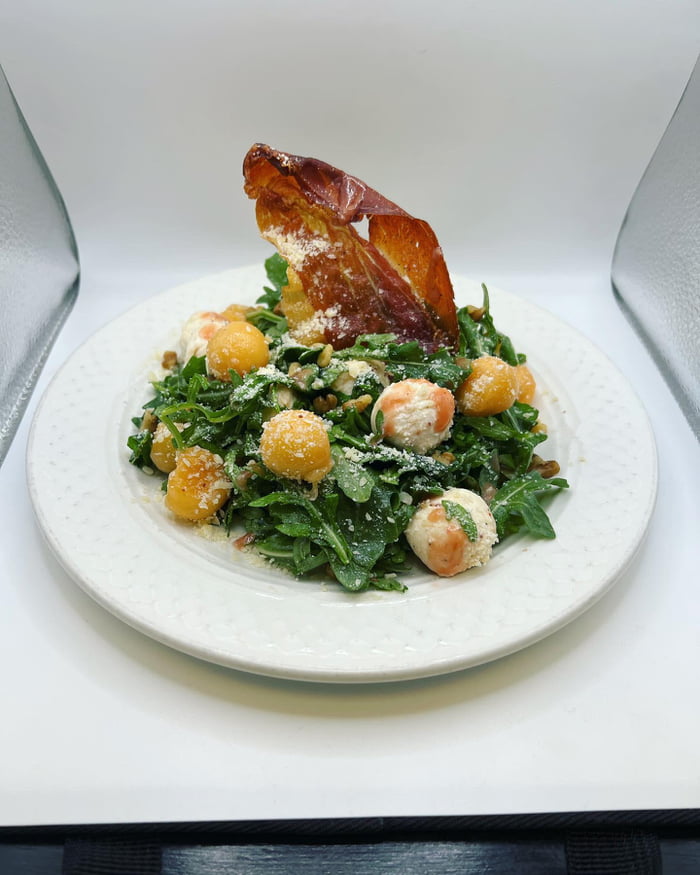 Melon Ball Salad, Crispy prosciutto, strawberry Tajín vinaigrette. - 9GAG
