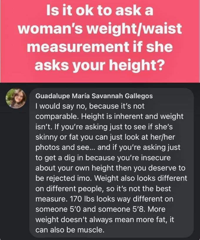 Woman asks a man his height?? Preferences Man asks woman her weight ...