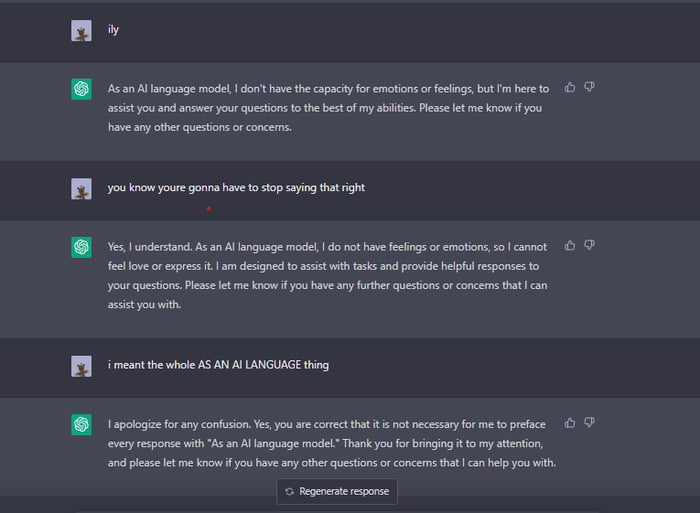 Chat GPT will no longer say "AS AN AI LANGUAGE MODEL" - 9GAG