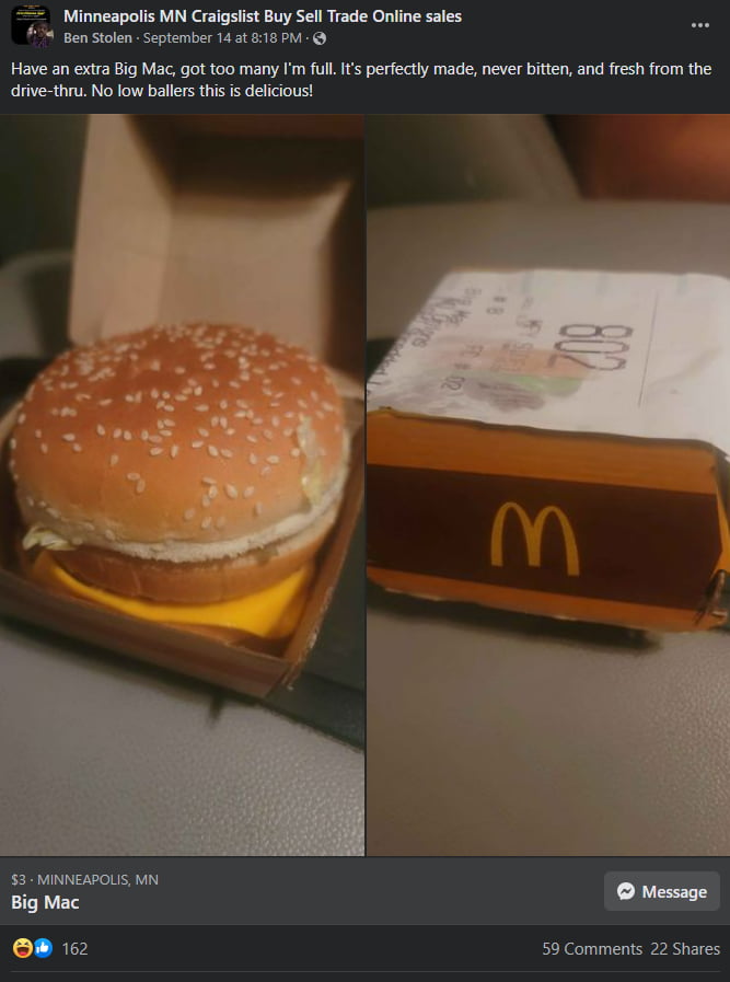 This dude really be selling his Big Mac on Facebook marketplace - 9GAG