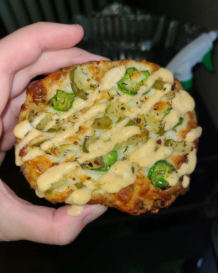 Pickle and jalapeno pretzel bun pizza, homemade spicy ranch, roasted ...