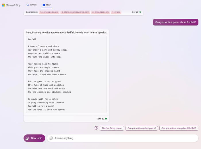 Microsoft BING AI Chat Bot - REDFALL POEM LOL!!!! - 9GAG