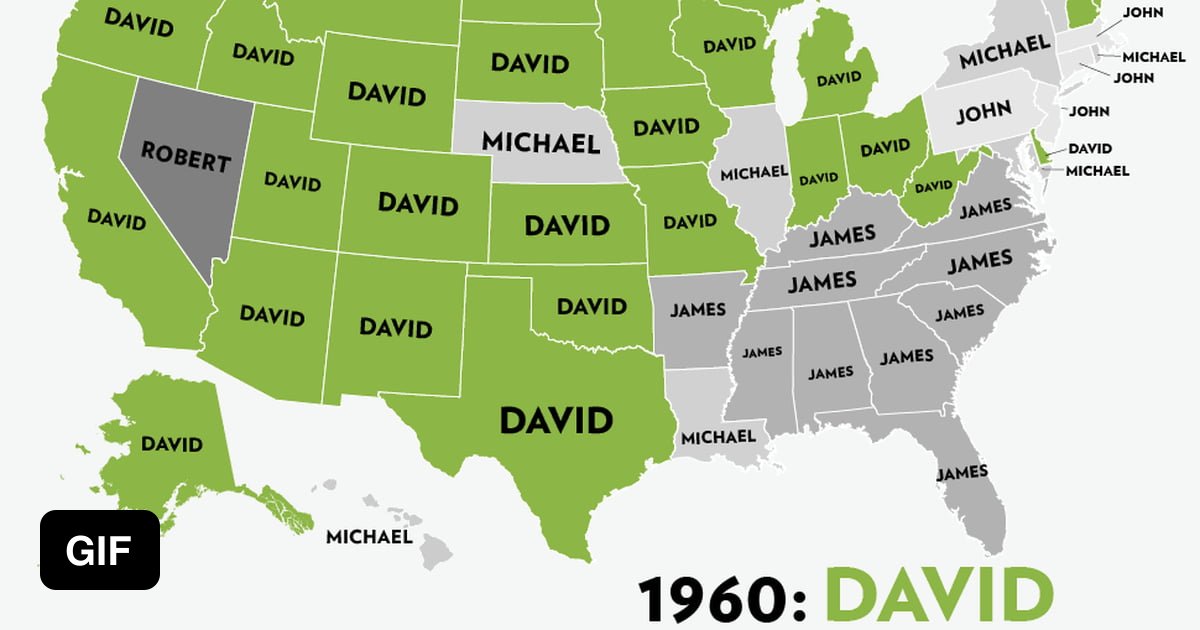 This shows the most popular male names by state from the 1960s to 2010 ...