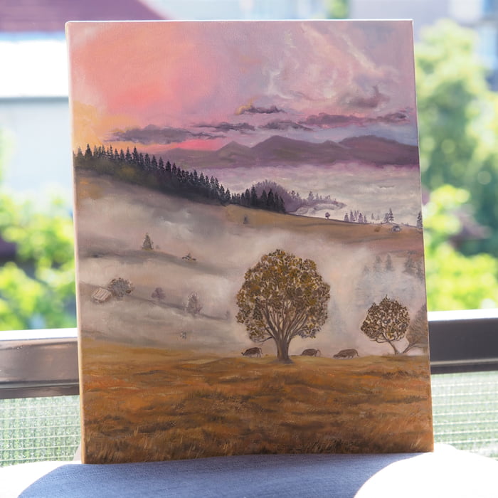 I paint stuff, painted this random landscape for fun, has some fog and ...