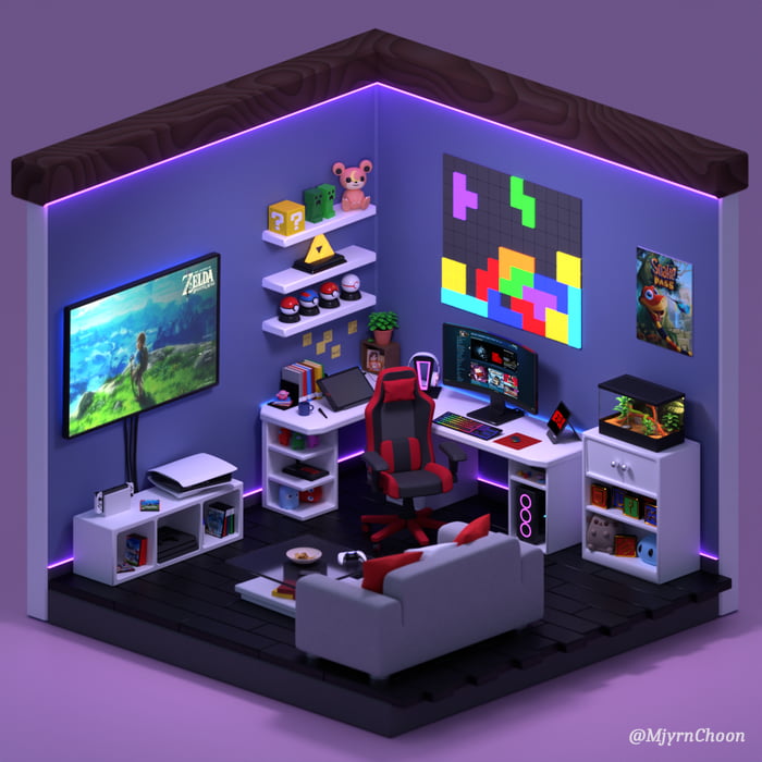 An isometric gaming setup I made in Blender. - 9GAG