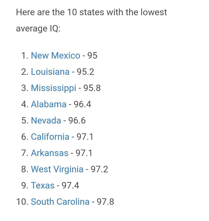 New Mexico leads the US in the lowest average IQ at 95. New Hampshire ...