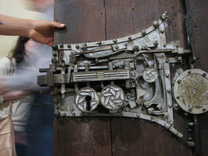 This 15th century lock secures the door at three point on every side ...