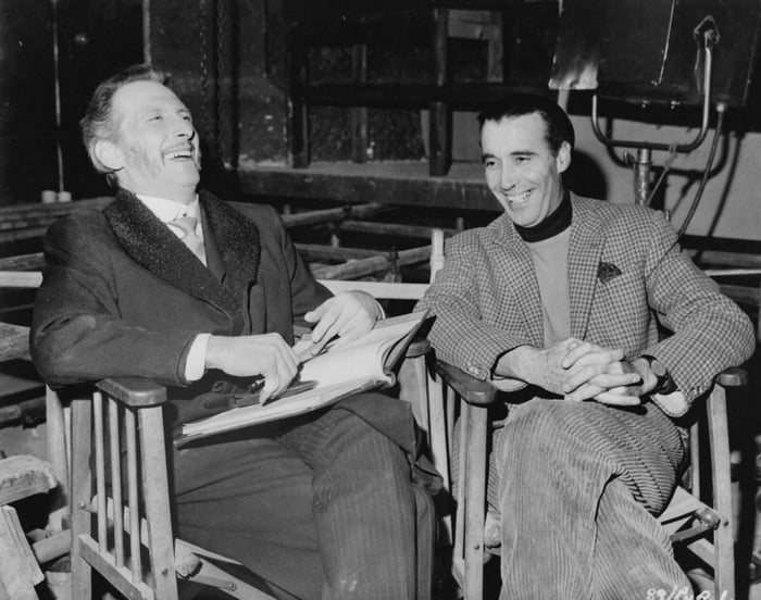 Peter Cushing and Christopher Lee on the set of The Gorgon (1964) - 9GAG