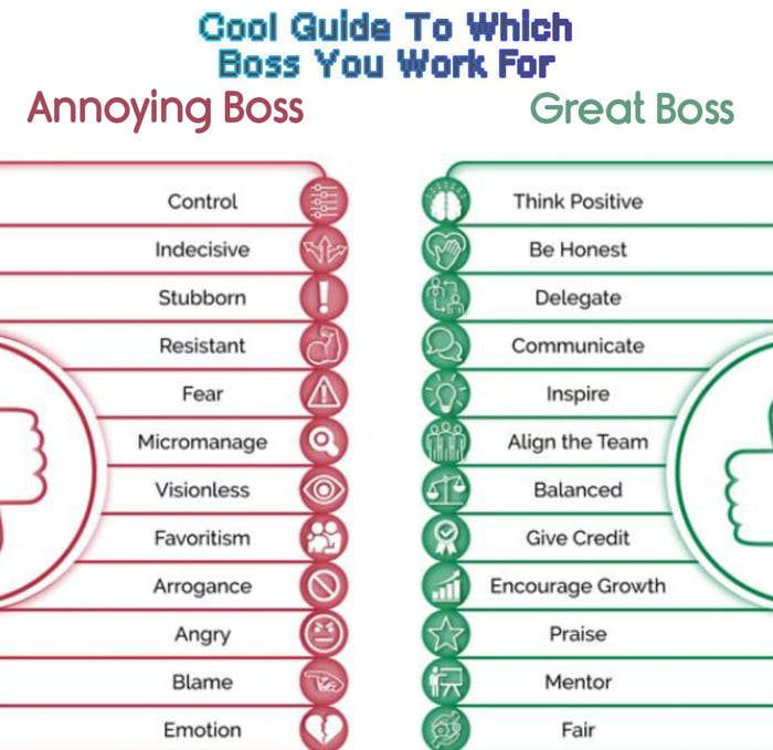 A cool guide to differences between a good and bad boss - 9GAG