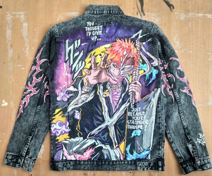 This painting of Ichigo Bleach on denim jacket took me 4 days to finish ...