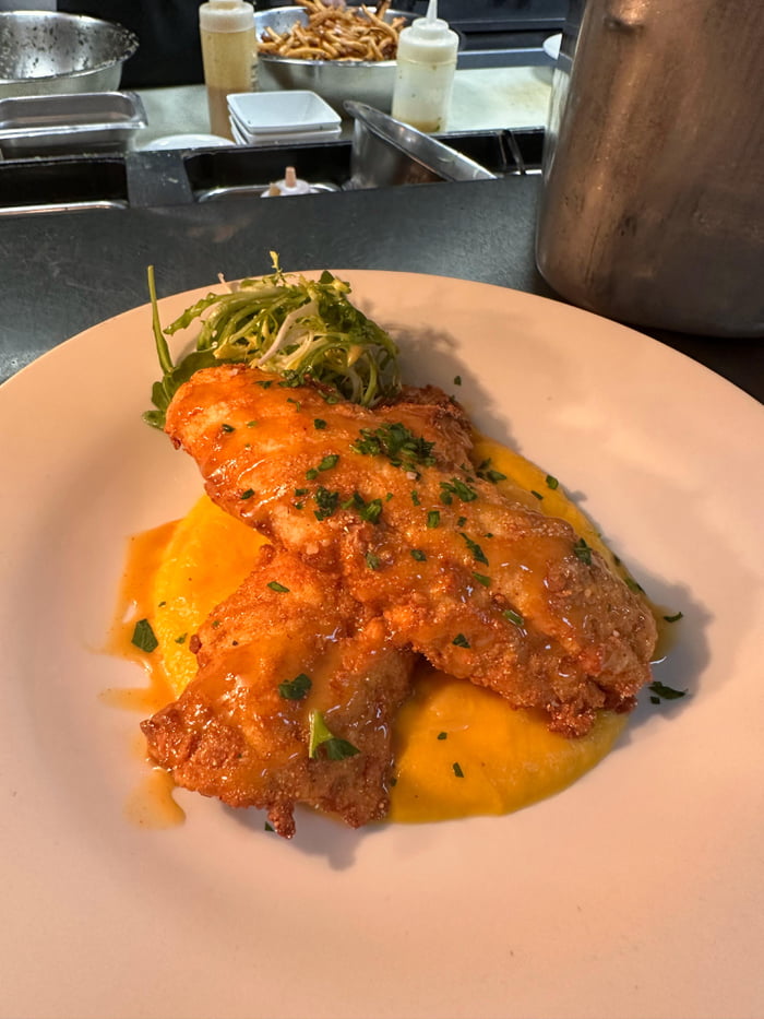Cornmeal battered Atlantic branzino, butternut squash puree, maple ...