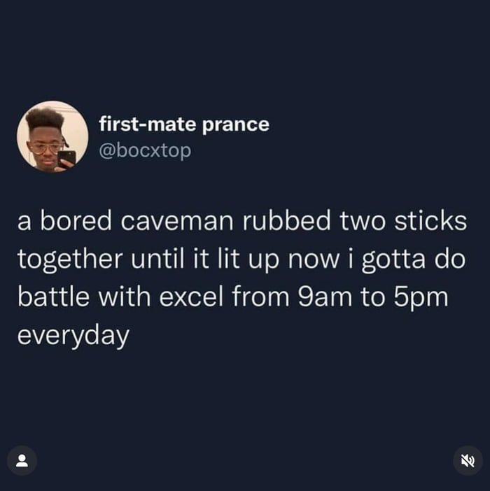 The eternal struggle against spreadsheets, all thanks to some curious caveman. - 9GAG