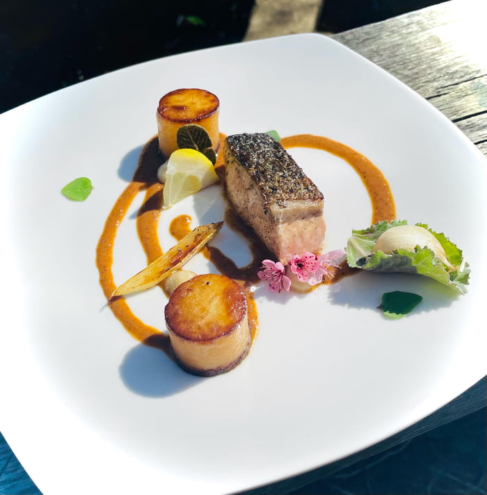 Salmon, fondant potato, leek, and charred sauce tomat - 9GAG