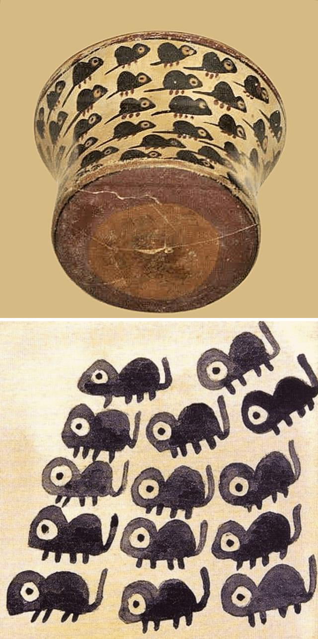 A ceramic bowl depicting a swarm of mice. From Peru, Nazca culture, 180 ...