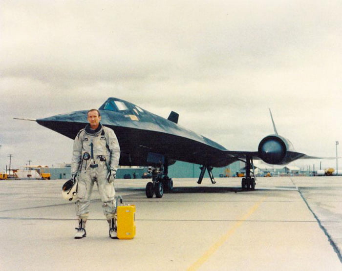 Test pilot Robert J. Gilliland standing next to the Lockheed SR-71 ...