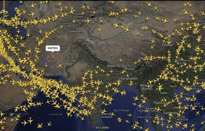 Flight radar visualization showing a distinct pattern of commercial air ...
