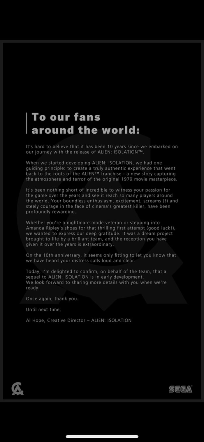 Creative Assembly has confirmed a sequel to Alien: Isolation is in ...