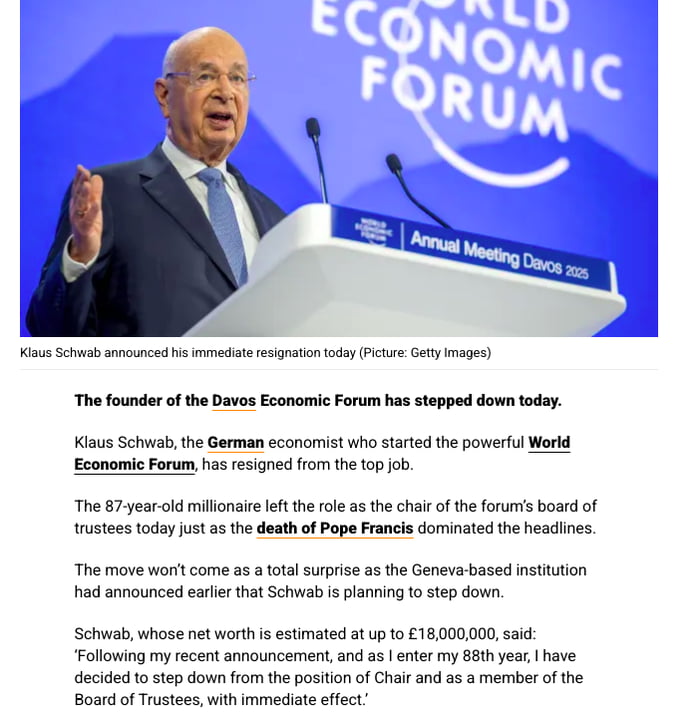 WEF Chair Klaus Schwab immediately resigns an hour coincidentally after ...