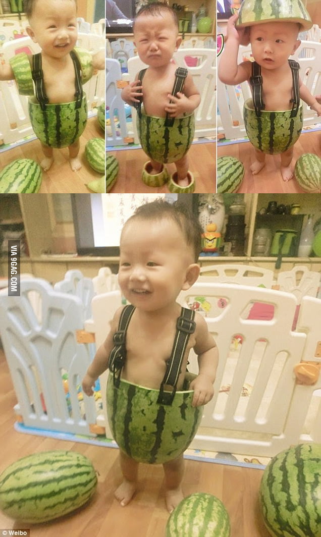 Proud father keeps his son cool by dressing him up in watermelon suit ...