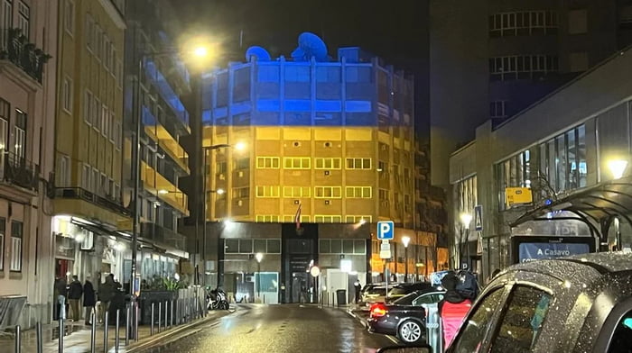 Russian embassy in Lisbon last night - lit from a protestor's van in ...