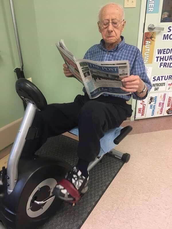 Gramps. 101 years young. Getting some exercise while reading the paper ...