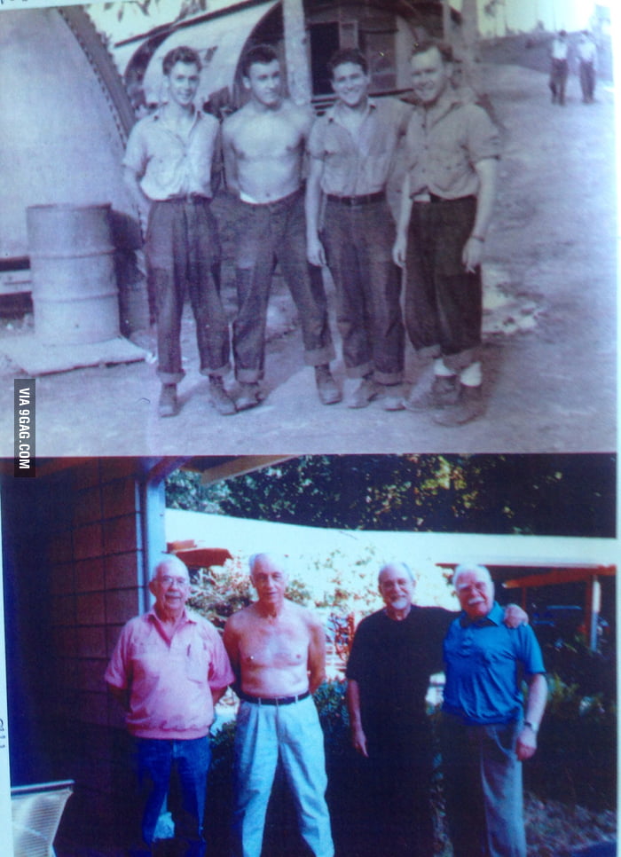 My Grandpa and his Navy buddies in 1945 and in 1995. - 9GAG